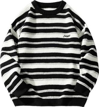 Generic Pull pour homme sans capuche col rond élégant rayé pull tricoté pull à manches longues patchwork décontracté col rond tops, Noir, XXL
