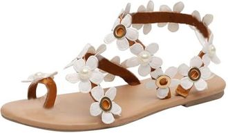 Generic Sandales plates avec strass pour femme, style bohème 2026, avec fleur et perles, sangle de cheville, anneau dorteil, tendance, décontracté, confortabl