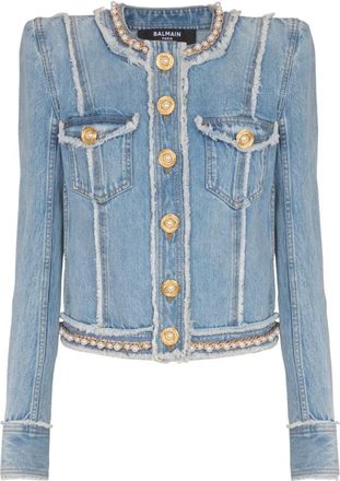 Balmain Femme, Vestes, Bleu, Taille: 42 FR Ef0Sk81075Df Veste en jean avec garniture de perles