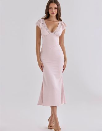 House of CB Odessa - Robe mi-longue en satin avec bordures en dentelle - Rose