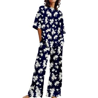 Generic Ensemble de pyjama pour femme avec t-shirt à manches courtes et pantalon long - Ensemble de pyjama pour femme avec poches - Pantalon de plage - Ensemb