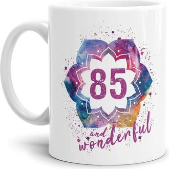 Tassendruck Geburtstags-Tasse 85 and Wonderful Geburtstags-Geschenk zum 85. Geburtstag als Geschenkidee für die Frau/Abstrakt/Bunt/Kaffeetasse/Weiss
