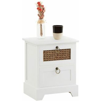 IDIMEX Table de chevet 2 tiroirs en bois de paulownia lasur&eacute; blanc et rotin naturel - Style vintage - Chevet livr&eacute; mont&eacute;
