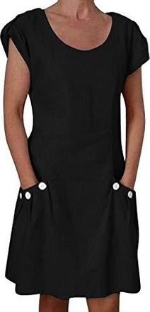 ORANDESIGNE Robe Femme Ete Couleur Unie Chic Manche Courtes Tunique Casual Grande Taille Robe Lin Col Rond Midi Dress Robe de Plage Noir FR 50