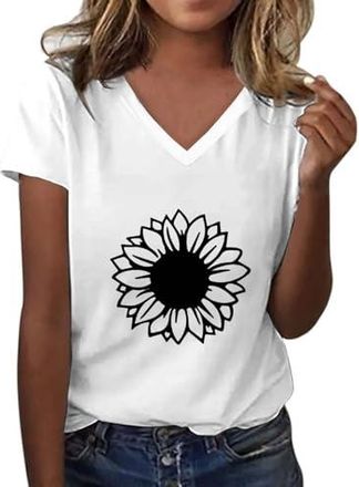 Generic Tee Shirt Femme Été T Shirts Imprimé Tournesol à Manches Courtes Col en V T-Shirt Tendance Grande Taille Décontracté Graphic Hauts Amples