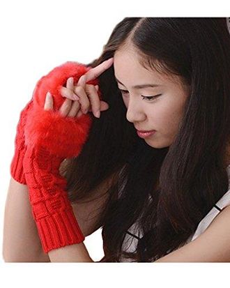 Minetom Femme La Laine Tressé Manchettes Longue Fingerless Gants Tricoté Fourrure Mitaines Gloves Rouge One Size