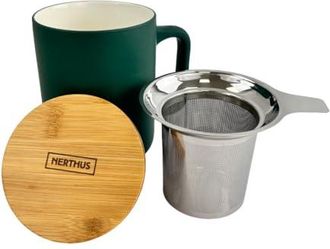 Nerthus Kitchenware FIH 1569 Keramikbecher, 375 ml, mit Edelstahl-Teesieb und Bambusdeckel, elegantes Design, ideal f&uuml;r Tee und Tees, Meergr&uuml;n