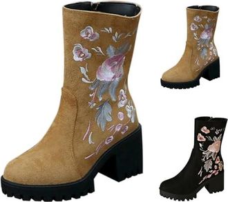 Generic Bottines dhiver imperm&eacute;ables en daim synth&eacute;tique avec fermeture &eacute;clair lat&eacute;rale - Chaussures chaudes &agrave; talons &eacute;pais brod&eacute;s de fleurs - Bottes dext&eacute;rie