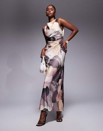 Asos Robe longue &agrave; imprim&eacute; fleurs avec corsage drap&eacute; et dos b&eacute;nitier - Marron