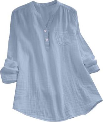 Generic Chemise Lin Femme Manche Longue- Blouse Col Mao,Tee Shirt Long Couleur Pure Casual Haut Col V avec Boutons Poche Grande Taille Douces Tops Confortable
