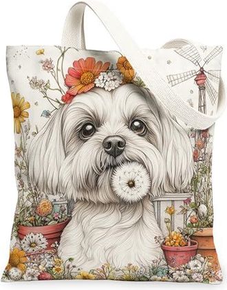 Generic Sac fourre-tout r&eacute;utilisable en toile pour le shopping - Motif chien maltais printanier - 33 x 38,1 cm - Pour femme - Motif animal de compagnie de fer