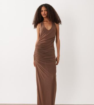 SNDYS Robe longue drap&eacute;e &agrave; dos nu avec empi&egrave;cement en tulle - Chocolat-Marron