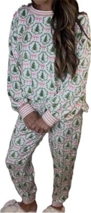 Generic Ensemble de pyjama 2 pièces avec sapins de Noël et noeuds, manches longues et pantalon, pour femmes, ensemble de pyjama de Noël mignon décontracté pou