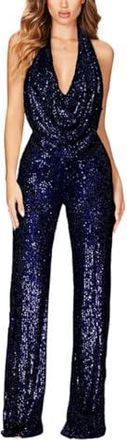 ORANDESIGNE Femme Combinaison à Paillettes avec Col en V Profond Élégant Pailleté Jumpsuit Sans Manches Jambes Larges Playsuit Scintillante Long Pantalon Cocktail