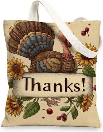 Generic Sacs fourre-tout en toile de Thanksgiving, motif Turquie, sacs dépicerie réutilisables, légers et lavables, bandoulière pour lextérieur, voyage, plage