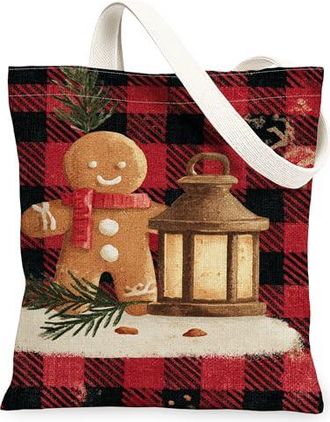 Generic Sacs fourre-tout en toile de pain d&eacute;pice de No&euml;l, motif lanterne festive, sacs r&eacute;utilisables, sacs dhiver l&eacute;gers et lavables avec bandouli&egrave;re en toile