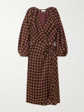 Dries Van Noten Robe Midi Effet Portefeuille En Crêpe De Chine De Soie Imprimé - Marron