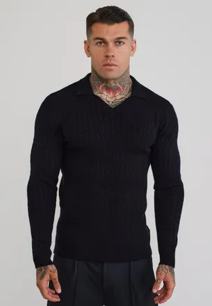 Siksilk Herren Schwarzes Langarm-Strick-Polo-T-Shirt XXL