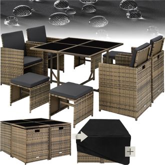 TecTake Lounge Möbel Set aus 4X Stühle, 1x Tisch, 4X Hocker, wetterfest und platzsparende Cube Aufbewahrung inkl. Schutzhülle, Outdoor Rattan Gartenmöbel für 