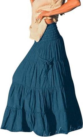 Generic Jupes en lin pour femme - Jupes flottantes pour femmes UK - Jupe longue grande taille Boho Maxiskirt dété jupe de plage dété couleur unie jupe jupe ta