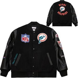 Mitchell & Ness NFL Blackout Veste universitaire r&eacute;tro | Miami Dolphins | Taille L, Noire, manches en PU, &eacute;cussons et broderies de haute qualit&eacute; sur la poitrine et le
