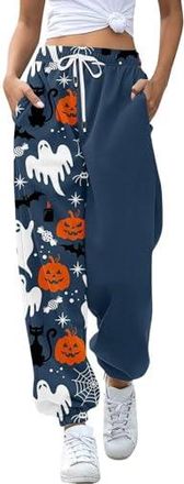 Generic Pantalon de surv&ecirc;tement en jean pour femme avec taille &eacute;lastique et poches lat&eacute;rales - Style d&eacute;contract&eacute; - Imprim&eacute; - Pour Halloween, bleu marine, 3XL