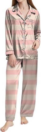 Generic Ensemble de pyjama rayé pour femme - Ensemble de pyjama à carreaux élégant avec noeud papillon - Coupe classique - Manches longues - Chemise boutonnée