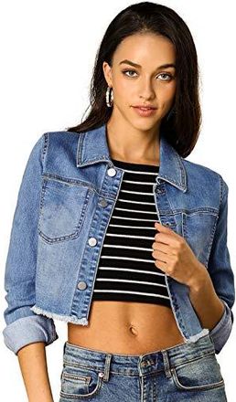 Allegra K Femmes Jean Veste Effiloch&eacute; Boutonn&eacute;e Washed Tondu Denim Veste Bleu clair L