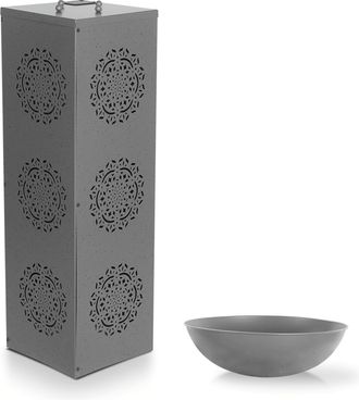 Easymaxx Deko-S&auml;ule mit LED & Timer, Mandala-Design im Beton-Look | beleuchtete Pflanzs&auml;ule f&uuml;r Innen & Au&szlig;en | batteriebetrieben, flexibel platzierbar | mit P