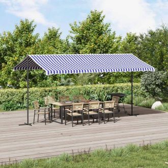 vidaXL Vidaxl - Auvent autoportant bleu et blanc 500x300 cm - Tissu polyester 180 g/m&sup2; - Cadre acier - Protection UV - Manivelle r&eacute;tractable