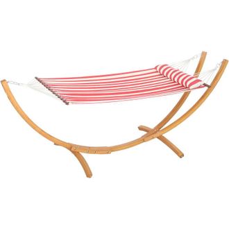 OUTSUNNY Hamac sur pied en bois - 1 place - bois teinte teck toile 100% coton rouge blanc ray&eacute;e