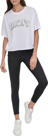 DKNY Womens Flocked Rhinestone Varsity Logo Crop Tee T-Shirt, Silver, XS