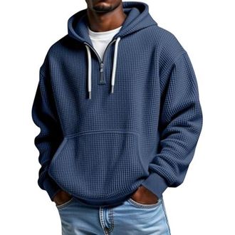 Generic Sweat &agrave; capuche pour homme - Motif gaufr&eacute; - Manches longues - Avec fermeture &eacute;clair 1/4 - Couleur unie - Confortable - Pull en tricot d&eacute;contract&eacute; - Av