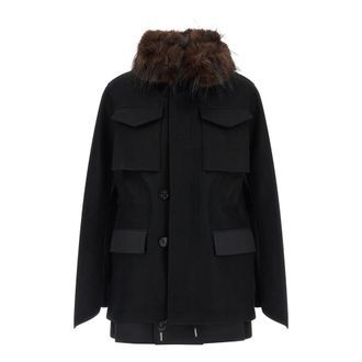 sacai Wollmantel mit Pelzeinsatz - - Jackets - Damen - Schwarzk - S