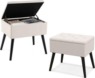 Costway Pouf en Velours avec Pieds en Bois Massif & Si&egrave;ge Rembourr&eacute; Rabattable, Tabouret Repose-Pieds avec Rangement, 53,5 x 38 x 46,5 cm, Charge 150KG, Beige