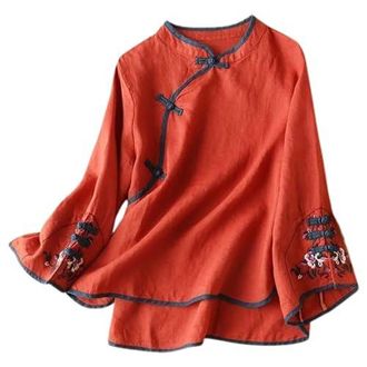 Generic T-shirt pour femme printemps nouveau style ethnique r&eacute;tro temp&eacute;rament broderie ample et confortable Chemise fine &agrave; manches longues Top, rouge, 3XL