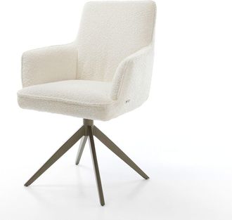 DELIFE Drehstuhl Heira-Flex mit Armlehnen Bouclé Weiß Kreuzgestell breit Effektfinish Titan 360° drehbar Wippfunktion Taschenfederkern, Esszimmerstühle