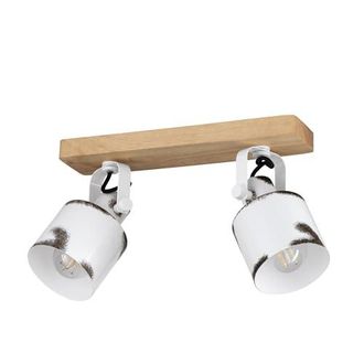 Eglo Rail spot Kilburn, rampe de 2 spots orientables, FSC100HB, barre de spots pivotants au style campagnard, plafonnier en m&eacute;tal blanc et bois naturel, la