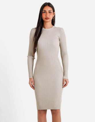 Sixth June Zweifarbiges, lang&auml;rmliges Strickkleid in Beige-Neutral