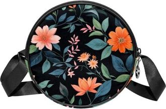 Generic Petit sac &agrave; bandouli&egrave;re circulaire pour femme, motif feuilles florales, sac &agrave; dos avec fermeture &eacute;clair, bretelles r&eacute;glables, sac &agrave; main rond d&eacute;contra