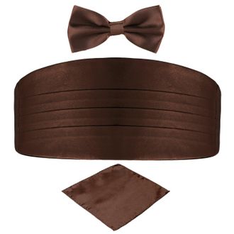 DonDon 3er Set Herren Kummerbund Fliege Einstecktuch farblich abgestimmt glänzend für feierliche Anlässe - Braun