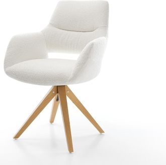 DELIFE Drehstuhl Yago-Flex mit Armlehnen Boucl&eacute; Creme-Wei&szlig; Holzgestell kantig Natur 360&deg; drehbar Taschenfederkern, Esszimmerst&uuml;hle