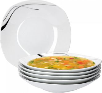 Van Well 6er Set Suppenteller Silver Night, Menü-Teller tief, 450 ml, 220 x 220 mm, Salatteller, Servierschale, Porzellan, abstraktes Dekor, Gastro-Geschirr