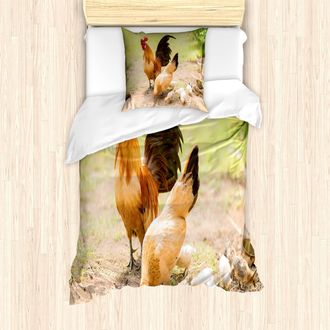 Abakuhaus Henne und Küken Bettbezug Set für Einzelbetten, Huhn-Familien-Foto, Milbensicher Allergiker geeignet mit Kissenbezug,Braun Grün
