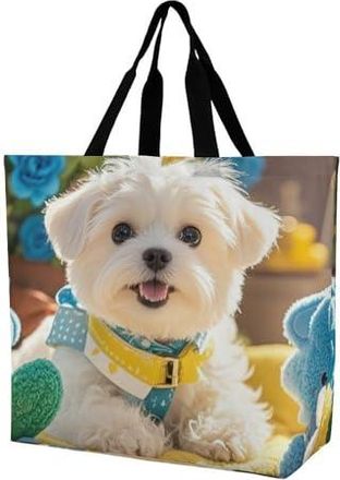 Generic Adorable Chiot Maltais Sac Courses L&eacute;ger Tote Bag Pliable Sac &Agrave; Bandouli&egrave;re Pour Quotidienne Universit&eacute; Plage