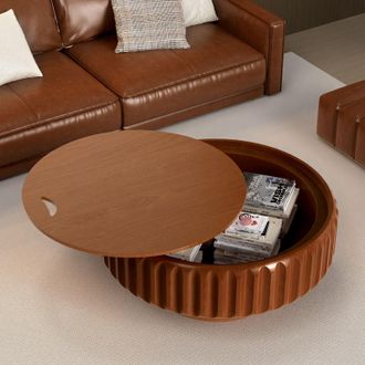 Generic 31,5 Trommel-Couchtisch - Handgefertigter Massivholz-Kantenstreifen-Teetisch im modernen Chic mit geriffeltem Rand und Stauraum f&uuml;r kleine Wohnungen (