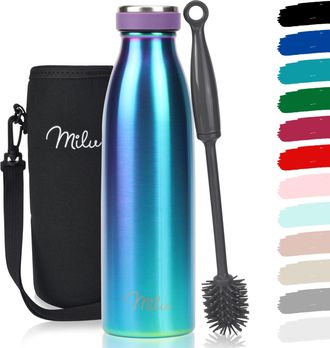 Milu Edelstahl Trinkflasche 350ml, 500ml, 750ml, 1L, 1,5L - Thermosflasche für Kinder Erwachsene auslaufsicher Isolierflasche Kohlensäure geeignet- inkl. R