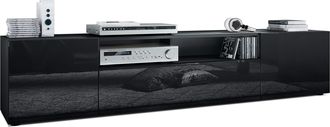 Vladon Lowboard Mogan, TV-Kommode mit 2 T&uuml;ren, 1 Klappe und 1 offenes Fach, Schwarz matt/Schwarz Hochglanz (181 x 39 x 35 cm)