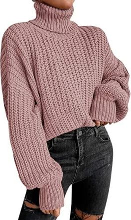 Generic Pull côtelé en tricot à col polo pour femme, pull en tricot à col rond, couleur unie, manches longues, col roulé haut, pull dhiver confortable à col r