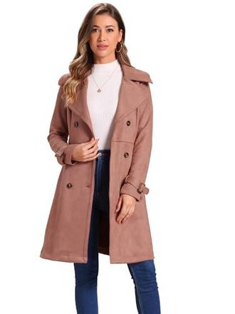 Allegra K Trench-coat &agrave; revers crant&eacute; pour femme en faux daim caban mi-long double boutonnage manteau hiver Rose fonc&eacute; M